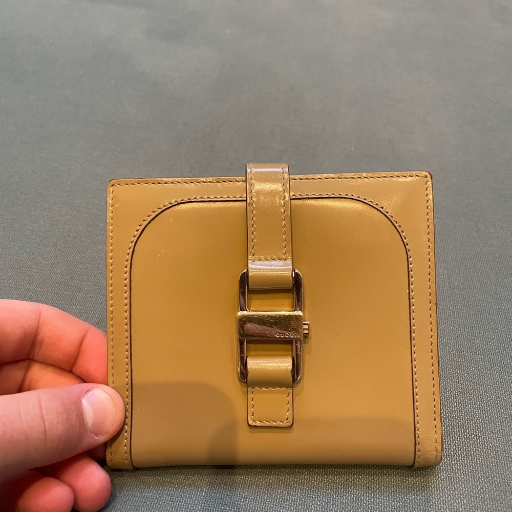 Authentic Gucci Gold Patent Leather Trifold Wallet - Gem